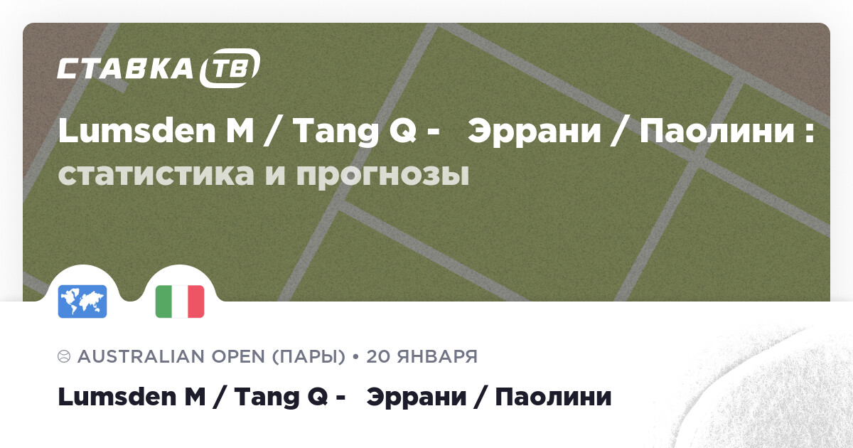 Lumsden M / Tang Q — Эррани / Паолини : прогнозы 20 января 2026 | СТАВКА ТВ
